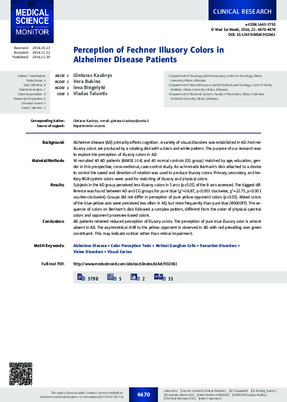 (PDF) Perception of Fechner Illusory Colors in Alzheimer Disease Patients