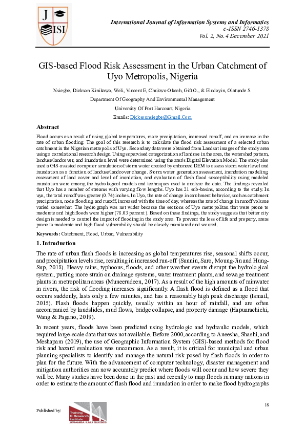 (PDF) GIS-based Flood Risk Assessment in the Urban Catchment of Uyo Metropolis, Nigeria