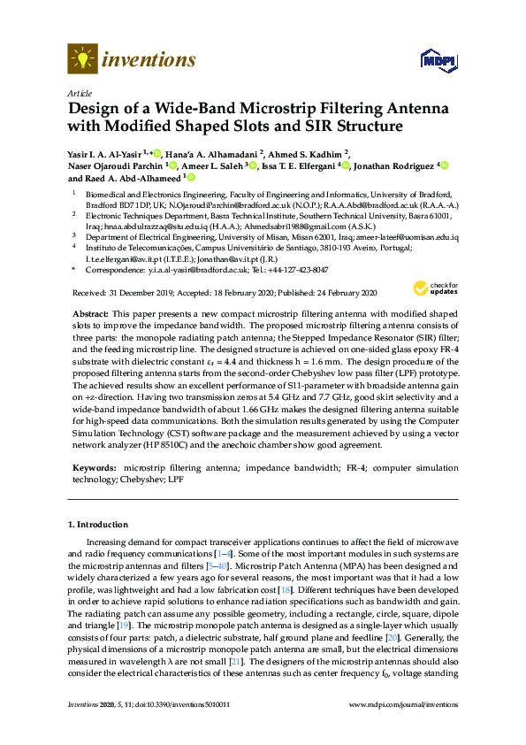 (PDF) Design of a Wide-Band Microstrip Filtering Antenna with Modified Shaped Slots and SIR ...