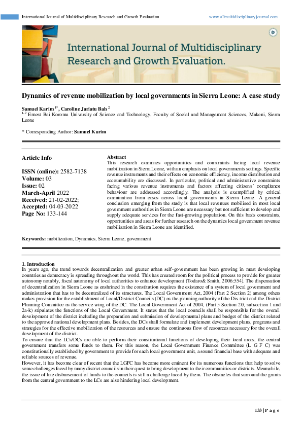 (PDF) Dynamics of revenue mobilization by local governments in Sierra ...