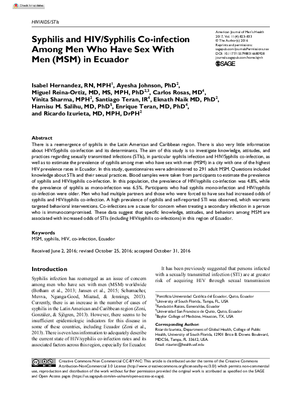 Pdf Syphilis And Hivsyphilis Co Infection Among Men Who Have Sex 4596