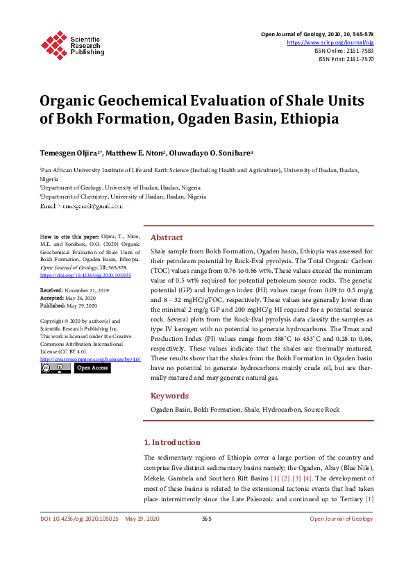 (PDF) Organic Geochemical Evaluation of Shale Units of Bokh Formation, Ogaden Basin, Ethiopia