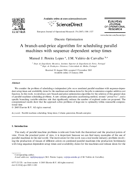 Pdf A Branch And Price Algorithm For Scheduling Parallel Machines With Sequence Dependent 0328