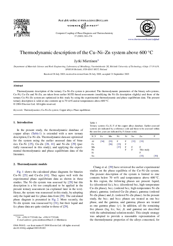 (PDF) Thermodynamic description of the Cu–Ni–Zn system above 600∘C