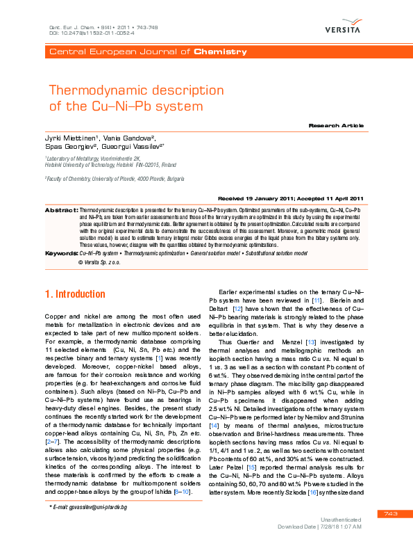(PDF) Thermodynamic description of the Cu-Ni-Pb system
