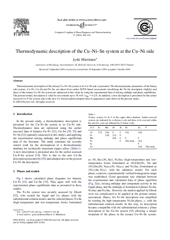 (PDF) Thermodynamic description of the Cu–Ni–Sn system at the Cu–Ni side