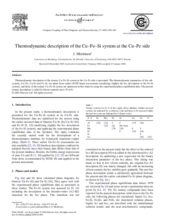 (PDF) Thermodynamic description of the Cu–Fe–Si system at the Cu–Fe side