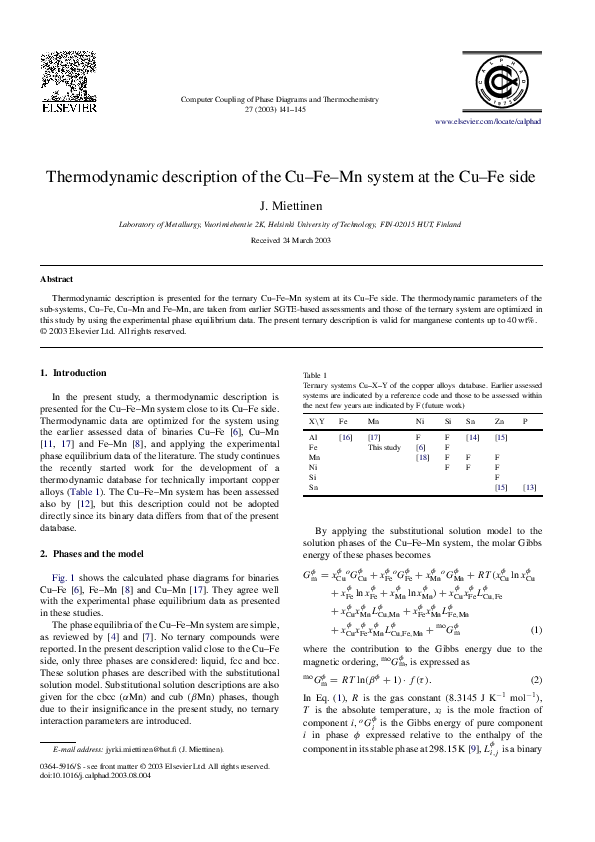 (PDF) Thermodynamic description of the Cu–Fe–Mn system at the Cu–Fe side