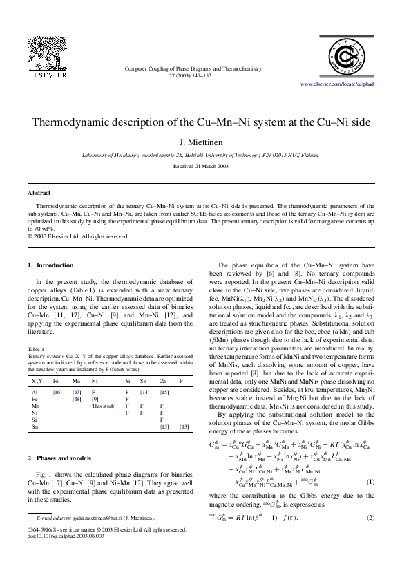 (PDF) Thermodynamic description of the Cu–Mn–Ni system at the Cu–Ni side