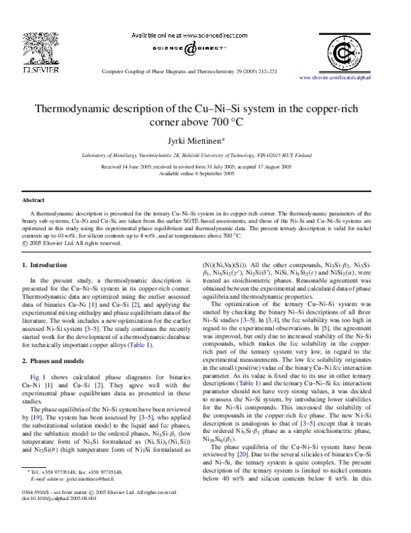 (PDF) Thermodynamic description of the Cu–Ni–Si system in the copper-rich corner above 700 ∘C