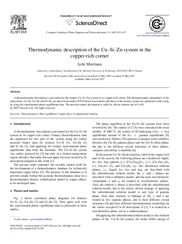 (PDF) Thermodynamic description of the Cu–Si–Zn system in the copper-rich corner