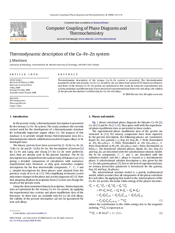 (PDF) Thermodynamic description of the Cu–Fe–Zn system