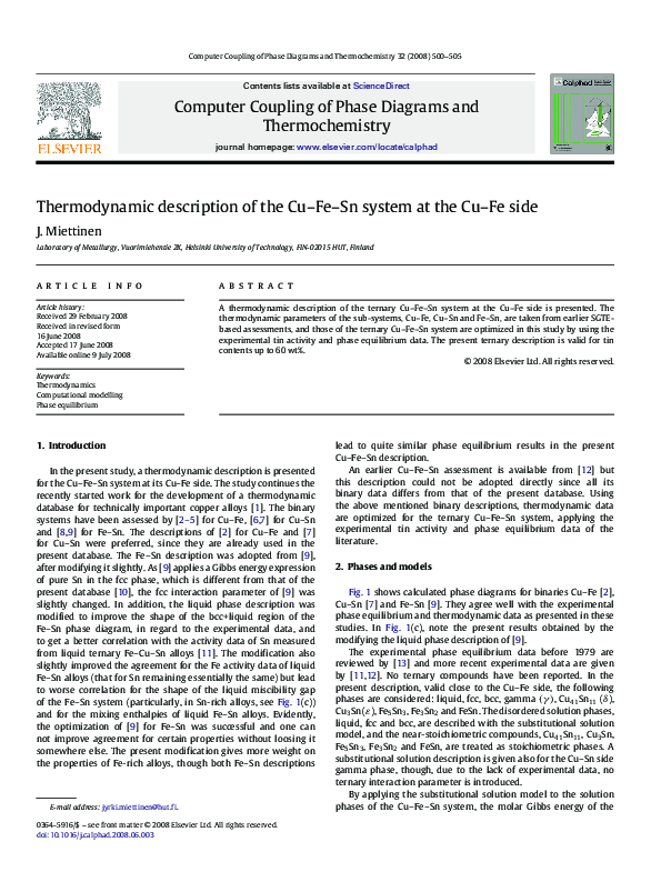 (PDF) Thermodynamic description of the Cu–Fe–Sn system at the Cu–Fe side