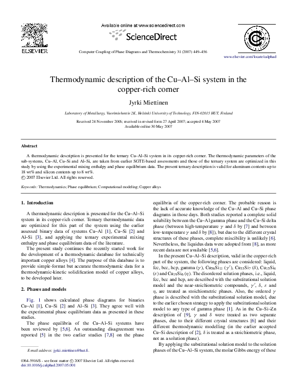 (PDF) Thermodynamic description of the Cu–Al–Si system in the copper-rich corner