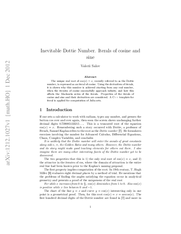 (PDF) Inevitable Dottie Number. Iterals of cosine and