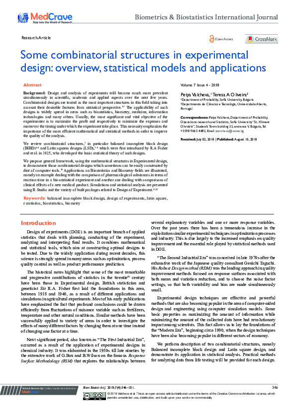 Pdf Some Combinatorial Structures In Experimental Design Overview