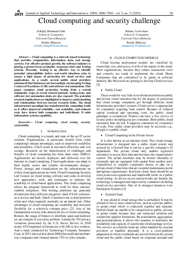 (PDF) Cloud computing and security challenge