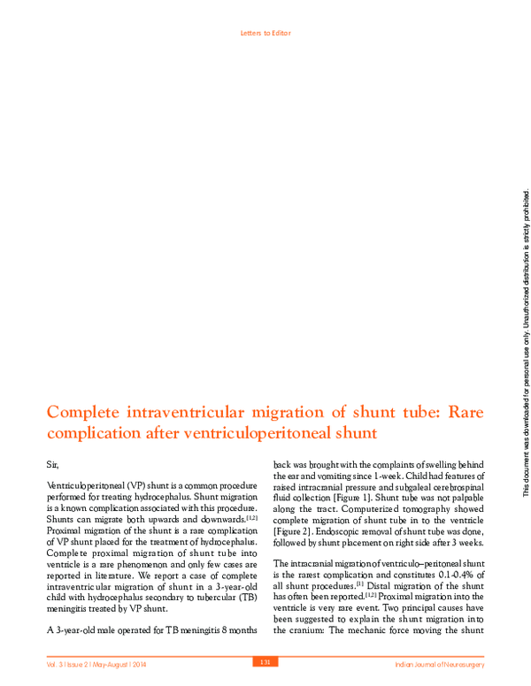 (PDF) Complete intraventricular migration of shunt tube: Rare ...