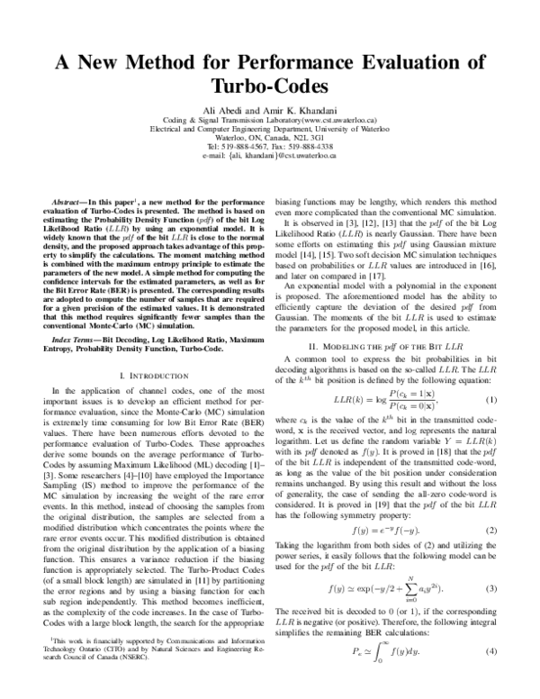 (PDF) A New Method for Performance Evaluation of Turbo-Codes