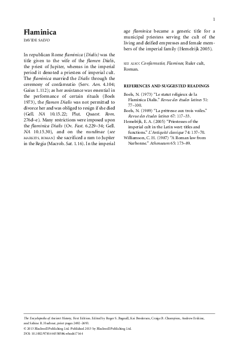 (PDF) Flaminica. Entry, Encyclopedia of Ancient History, Wiley