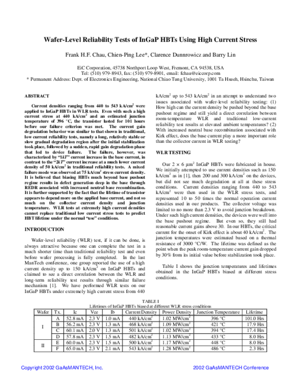 (PDF) Wafer-level reliability tests of InGaP HBTs using high current stress