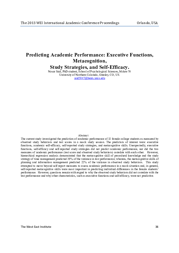 (PDF) Predicting Academic Performance: Executive Functions, Metacognition, Study Strategies, and ...