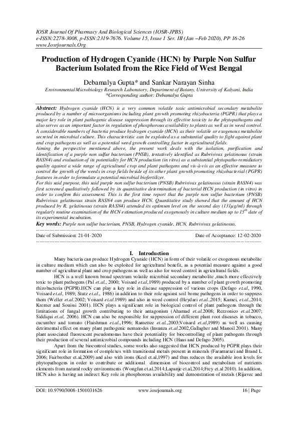 (PDF) Production of Hydrogen Cyanide (HCN) by Purple Non Sulfur ...