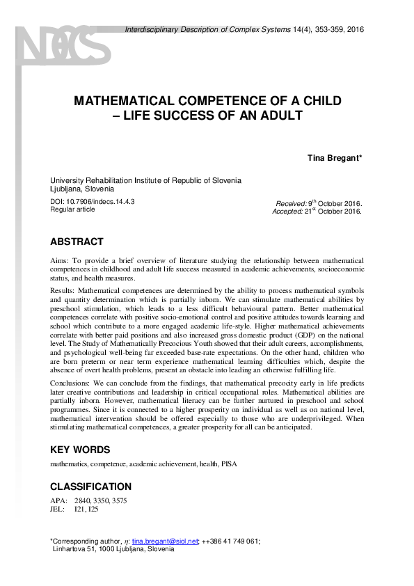 (PDF) Mathematical Competence of a Child - Life Success of an Adult