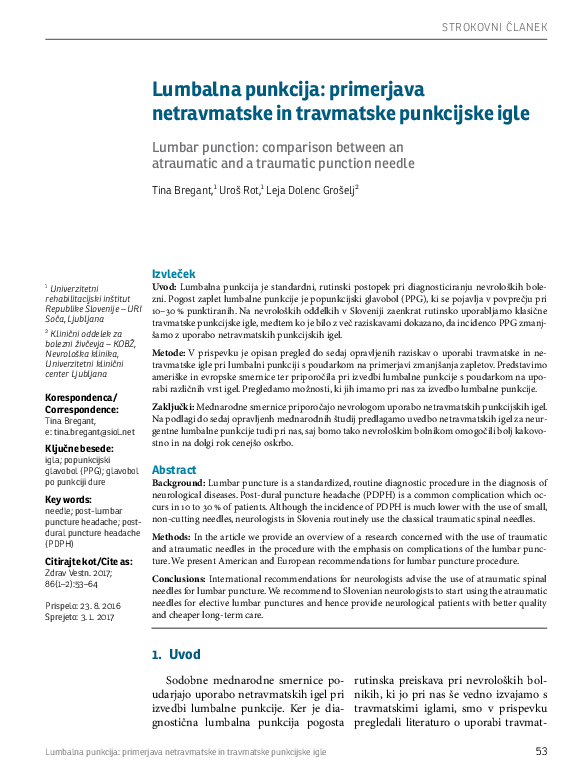 (PDF) Lumbalna punkcija: primerjava netravmatske in travmatske ...