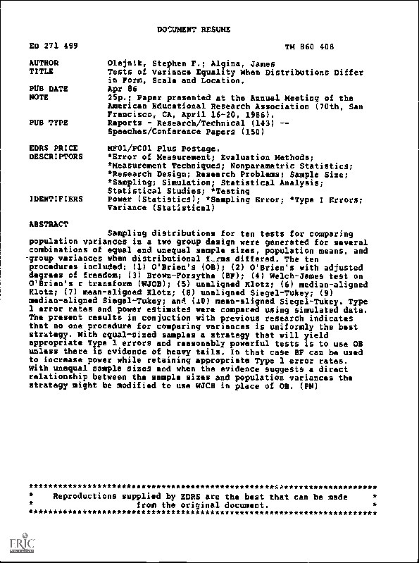 Pdf Tests Of Variance Equality When Distributions Differ In Form And Location