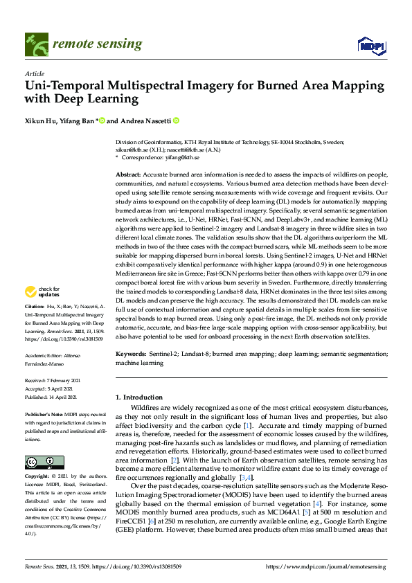 (PDF) Uni-Temporal Multispectral Imagery for Burned Area Mapping with Deep Learning