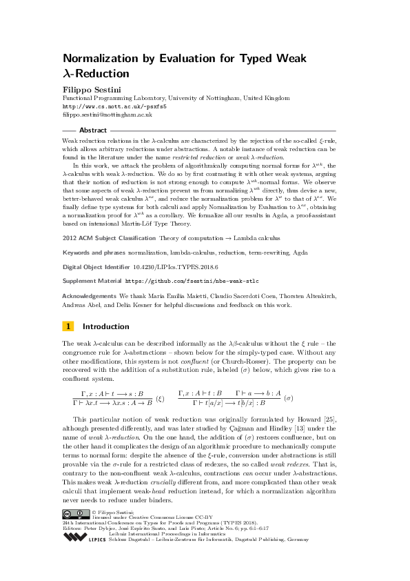 (PDF) Normalization by Evaluation for Typed Weak lambda-Reduction