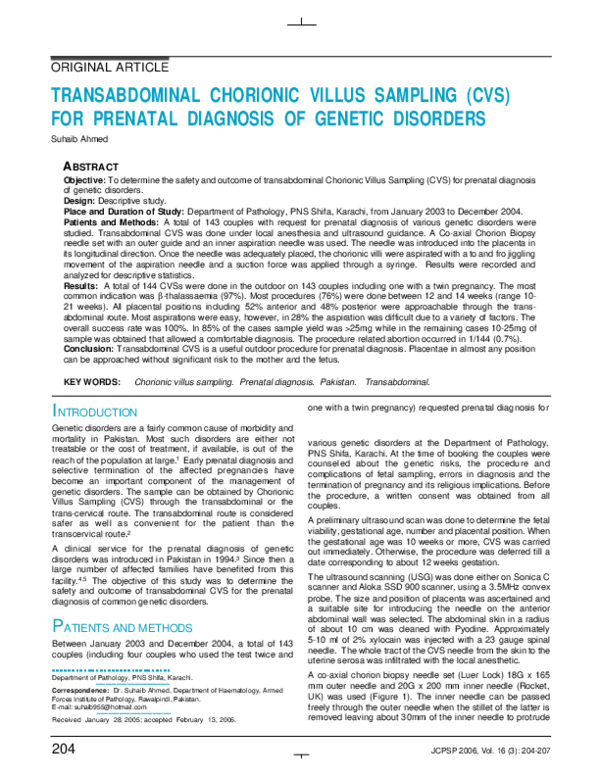 (PDF) Transabdominal chorionic villus sampling (CVS) for prenatal diagnosis of genetic disorders