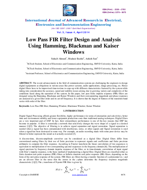 (PDF) Low Pass FIR Filter Design and AnalysisUsing Hamming, Blackman and Kaiser Windows