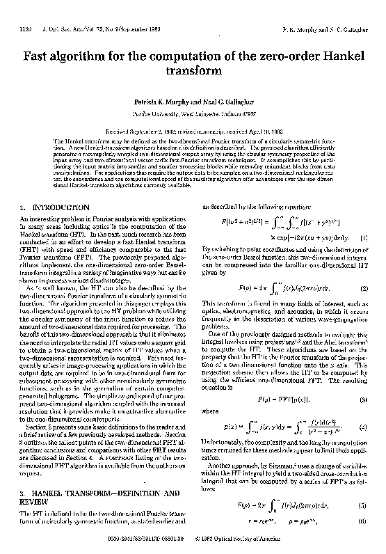 (PDF) Fast algorithm for the computation of the zero-order Hankel transform