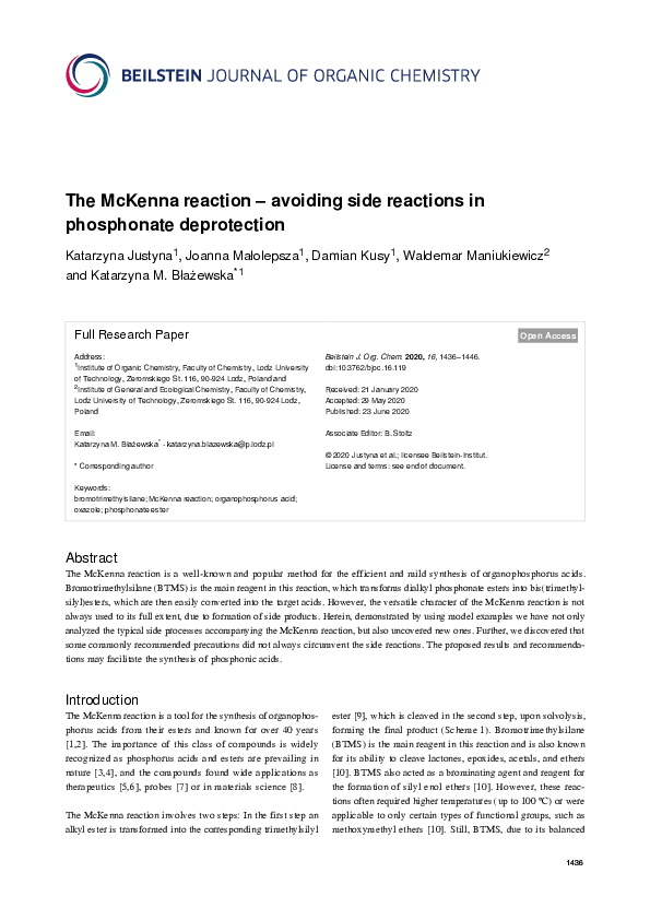 (PDF) The McKenna reaction – avoiding side reactions in phosphonate ...