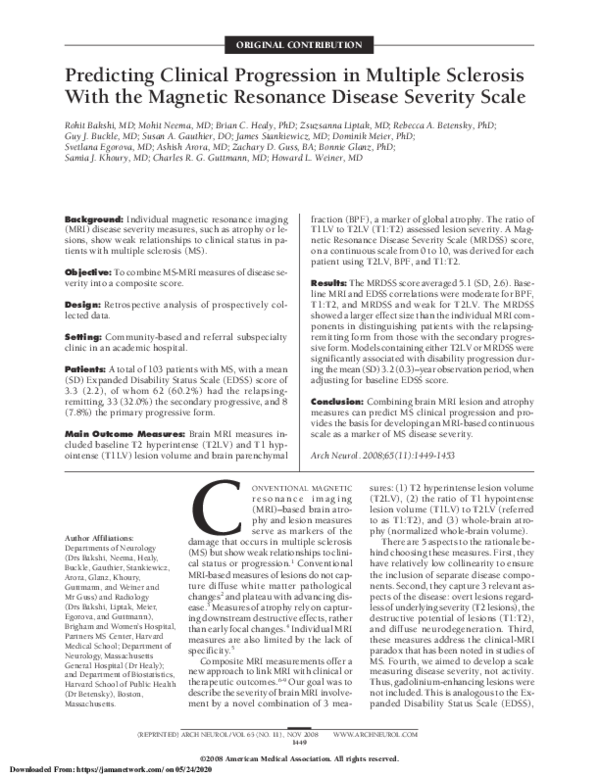 (PDF) Predicting Clinical Progression in Multiple Sclerosis With the ...