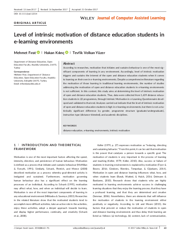 (PDF) Level of intrinsic motivation of distance education students in e ...