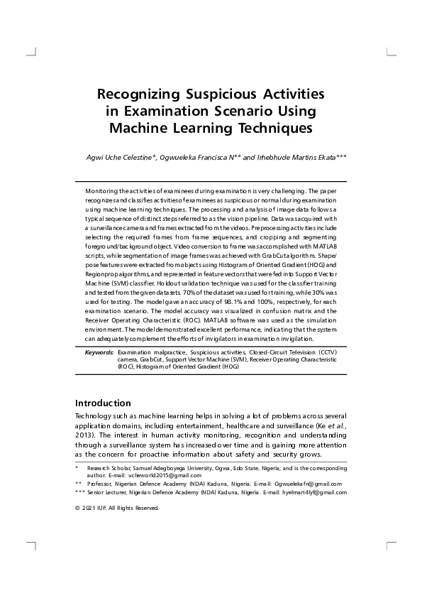 (PDF) Recognizing Suspicious Activities in Examination Scenario Using Machine Learning Techniques