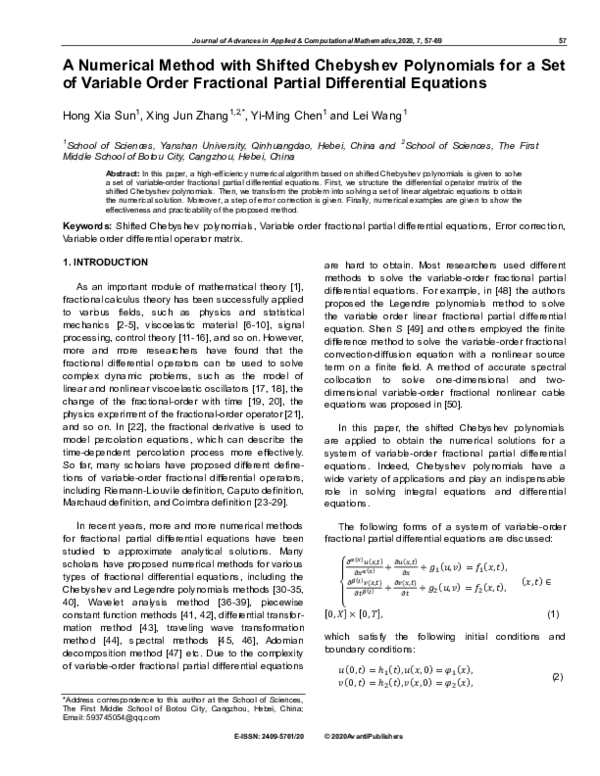 (PDF) A Numerical Method with Shifted Chebyshev Polynomials for a Set of Variable Order ...
