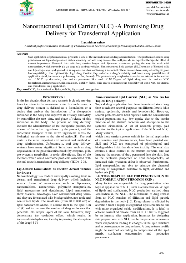(PDF) Nanostructured Lipid Carrier (NLC) -A Promising Drug Delivery for Transdermal Application