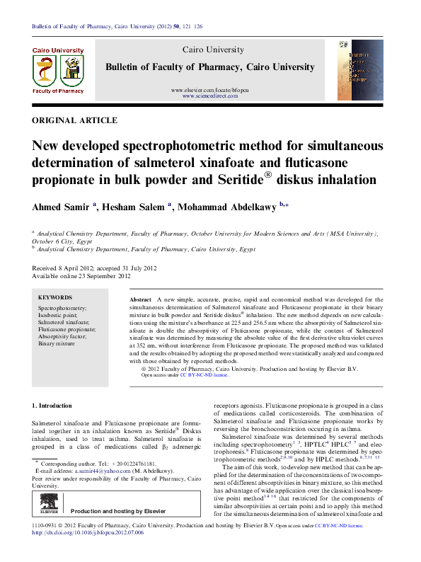 Pdf New Developed Spectrophotometric Method For Simultaneous Determination Of Salmeterol