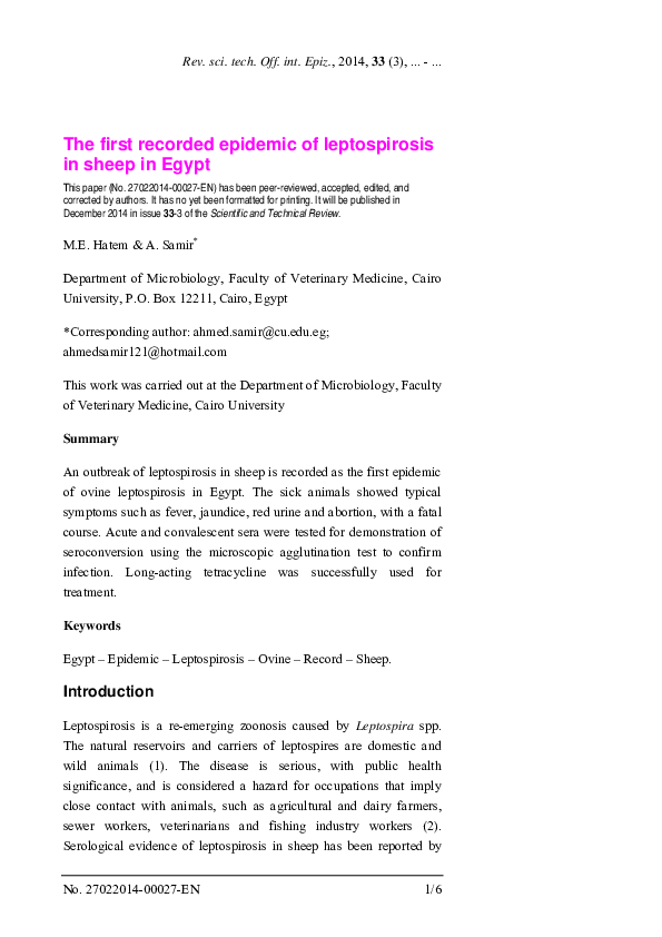 (PDF) The first recorded epidemic of leptospirosis in sheep in Egypt