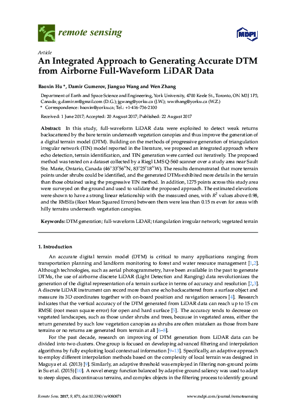Pdf An Integrated Approach To Generating Accurate Dtm From Airborne Full Waveform Lidar Data