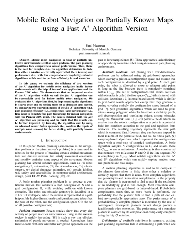 Pdf Mobile Robot Navigation On Partially Known Maps Using The A ∗ Algorithm