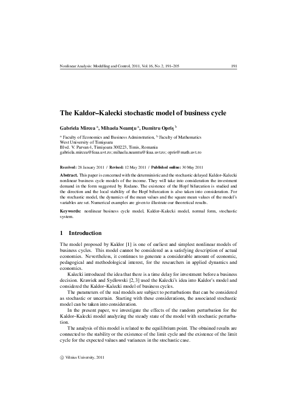 (PDF) The Kaldor–Kalecki stochastic model of business cycle