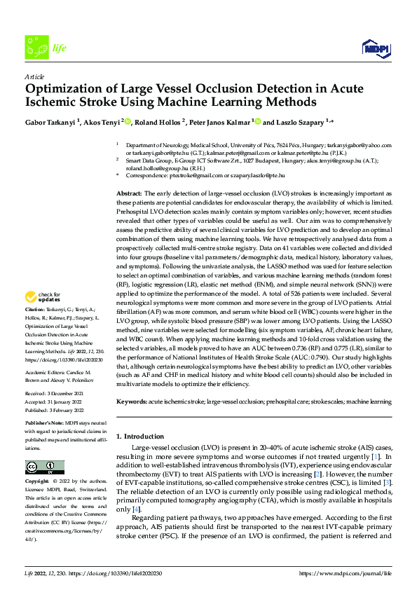 Pdf Optimization Of Large Vessel Occlusion Detection In Acute Ischemic Stroke Using Machine