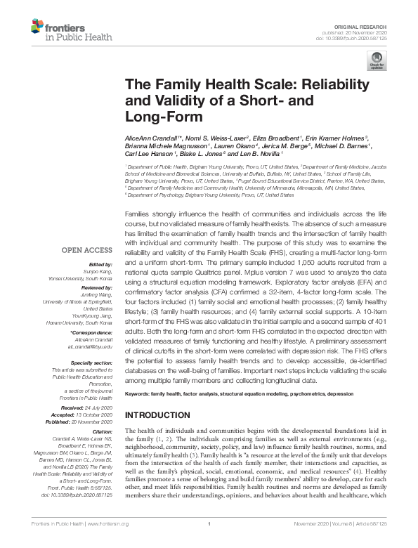(PDF) The Family Health Scale: Reliability and Validity of a Short- and ...