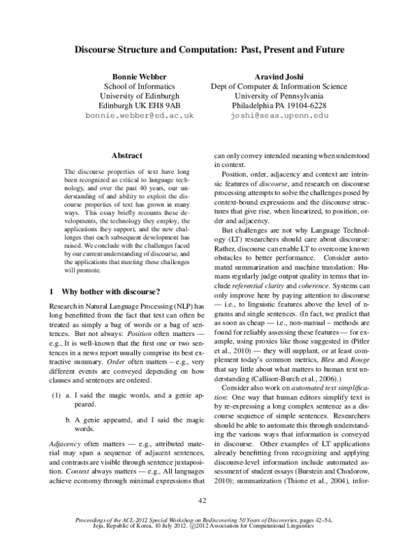 (PDF) Discourse Structure and Computation: Past, Present and Future