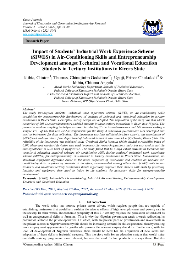 (PDF) Impact of Students' Industrial Work Experience Scheme (SIWES) in ...
